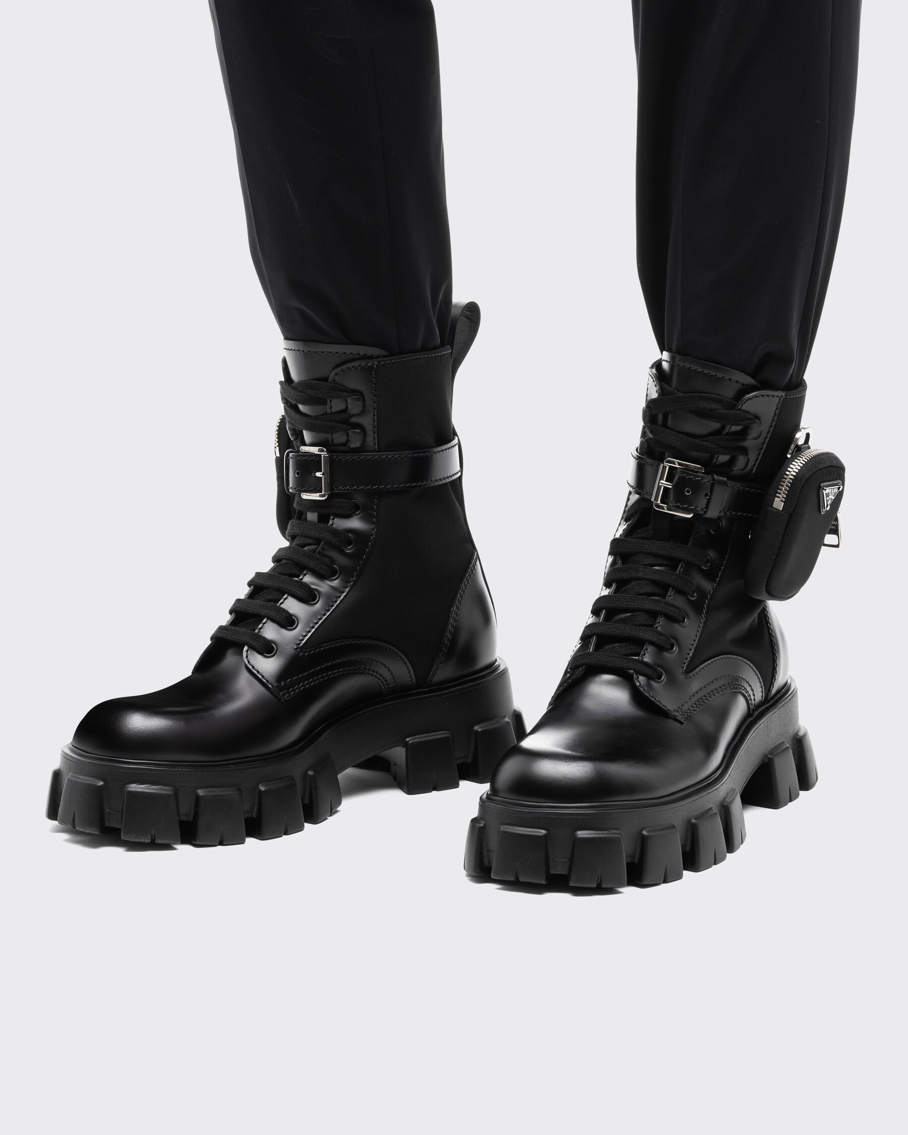 Black Monolith Brushed Leather And Nylon Boots | PRADA