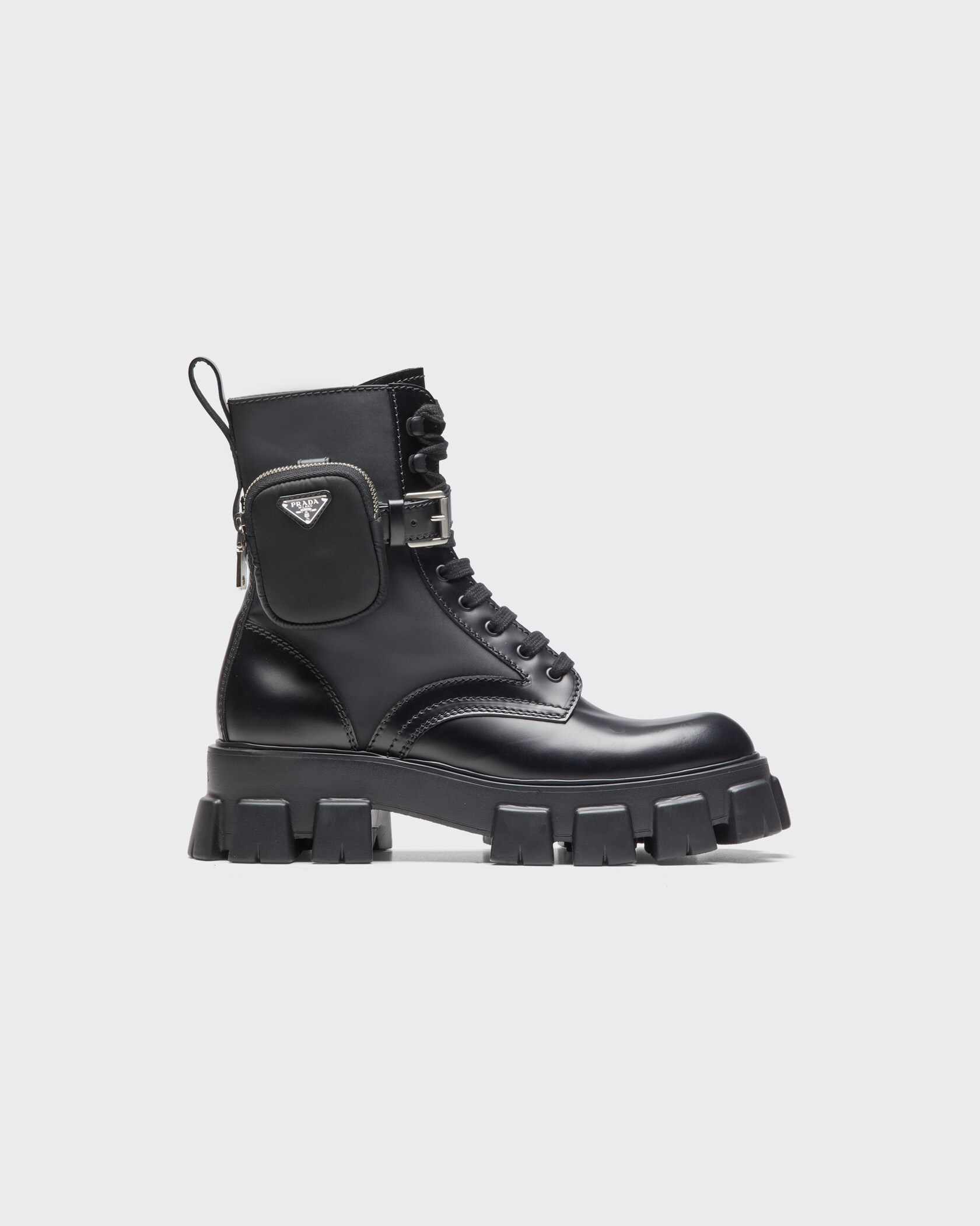 Bota Monolith Em Couro Escovado E Nylon Preto | PRADA