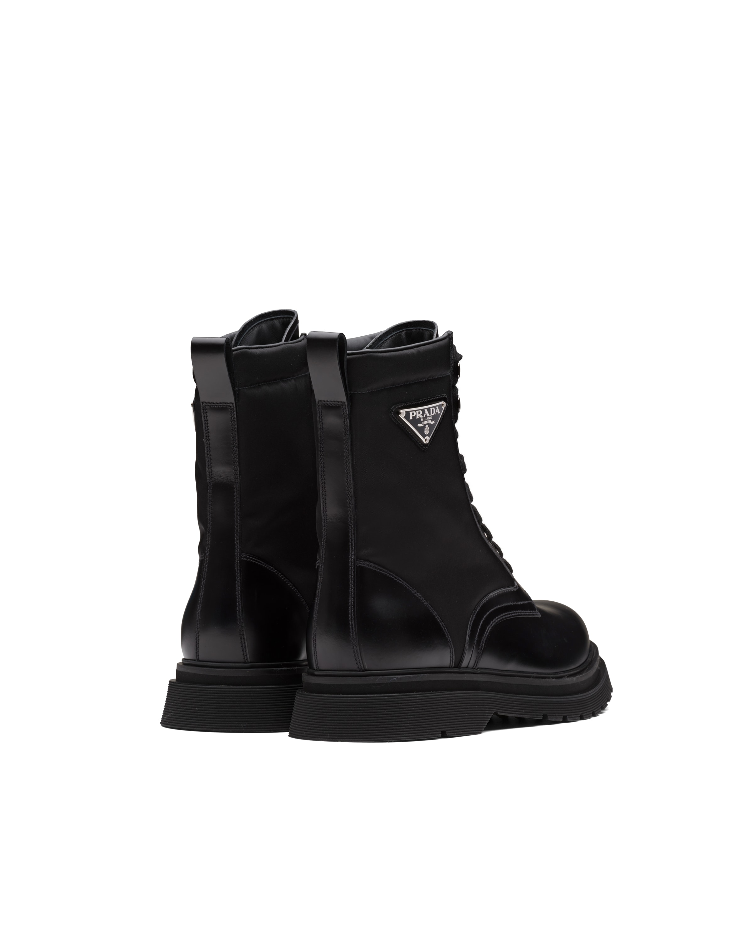 Black Brushed leather and nylon combat boots | Prada