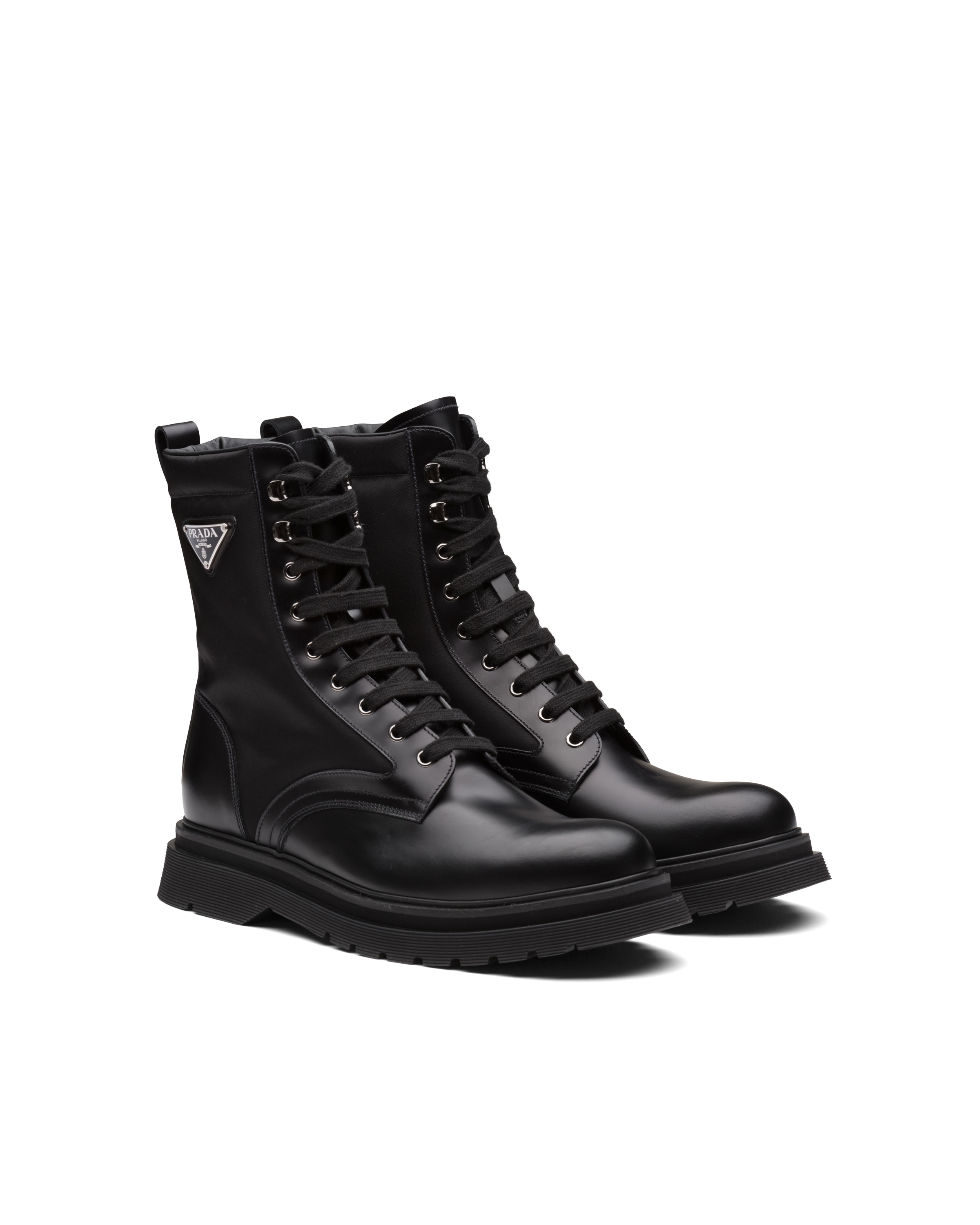 Black Brushed leather and nylon combat boots | Prada