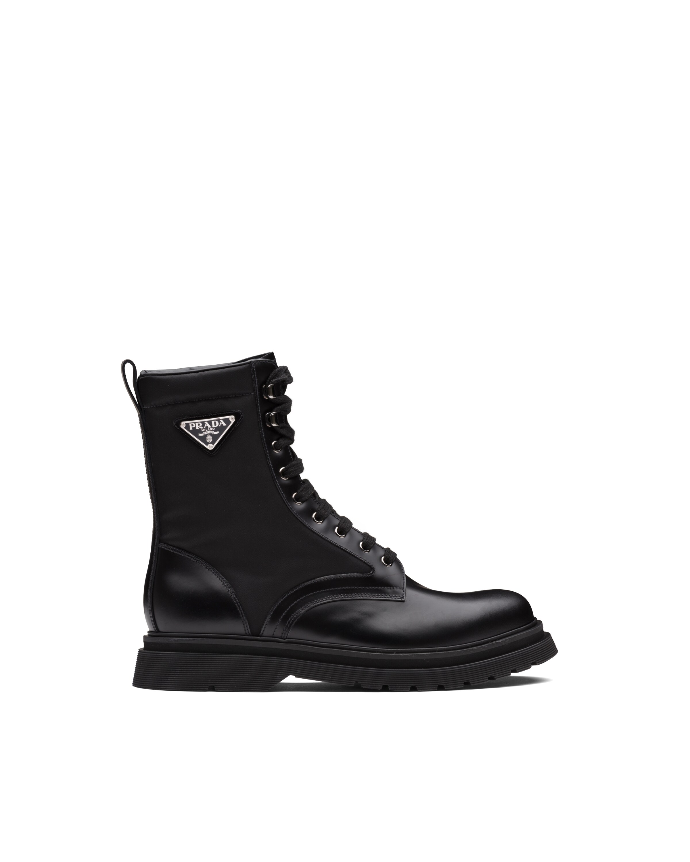 Black Brushed leather and nylon combat boots | Prada