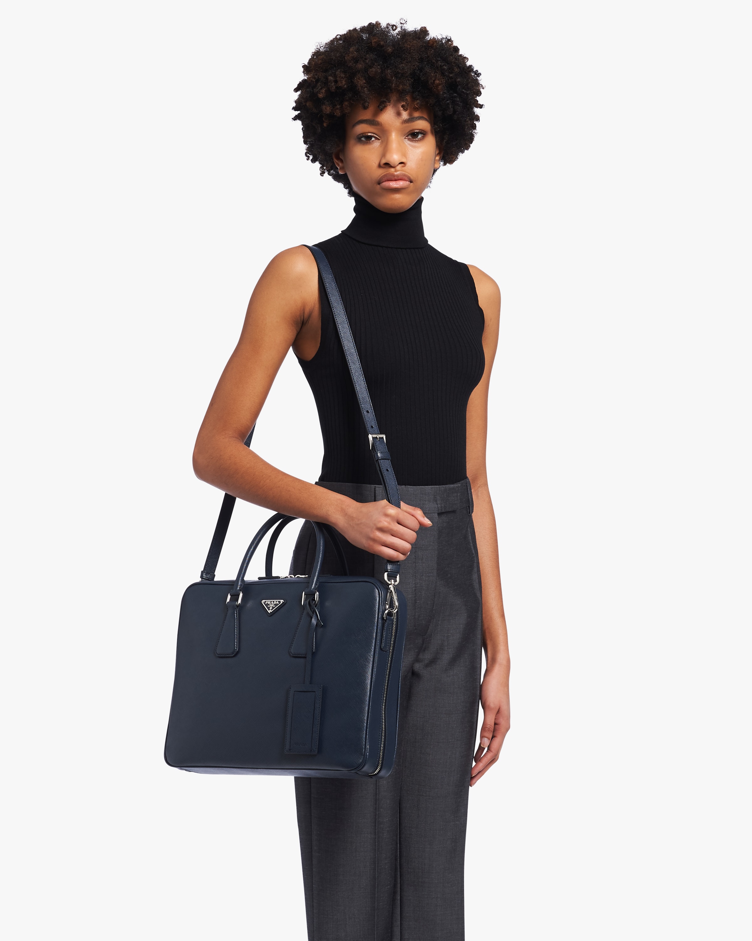 Baltic Blue Saffiano Leather Work Bag | Prada