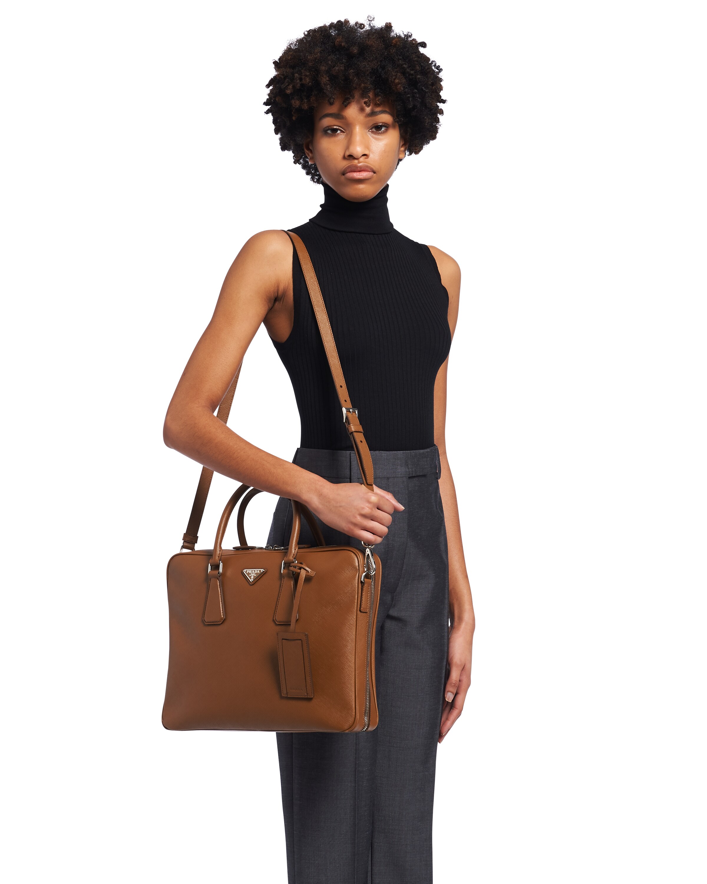 Cinnamon Saffiano Leather Work Bag | Prada