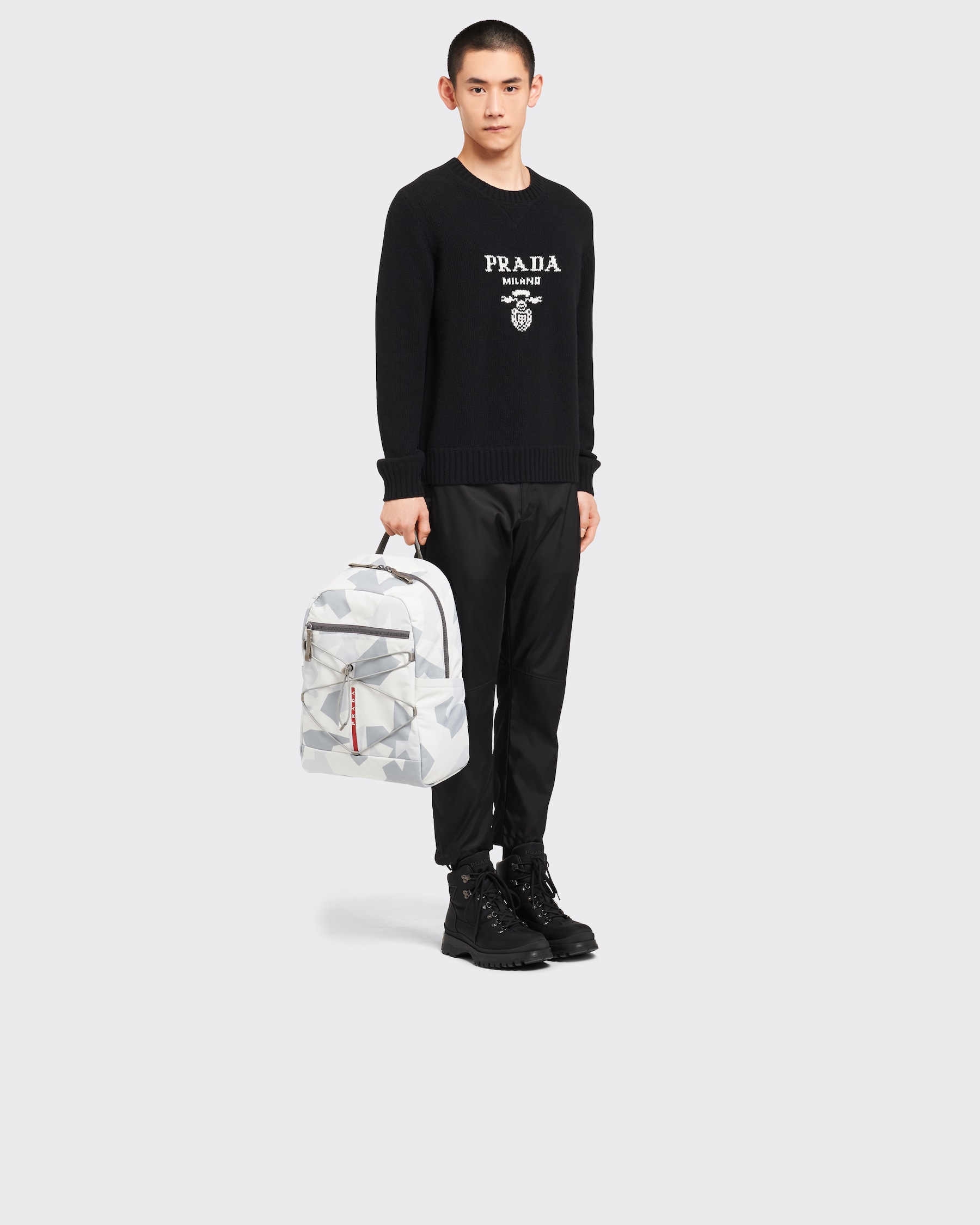 Marble Gray Printed Technical Fabric Backpack | PRADA