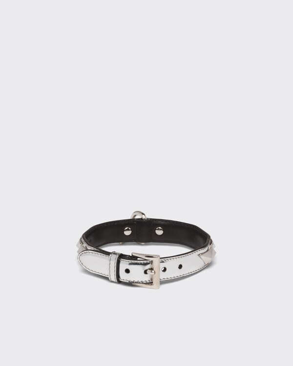 Silver Studded Brushed Leather Pet Collar | PRADA