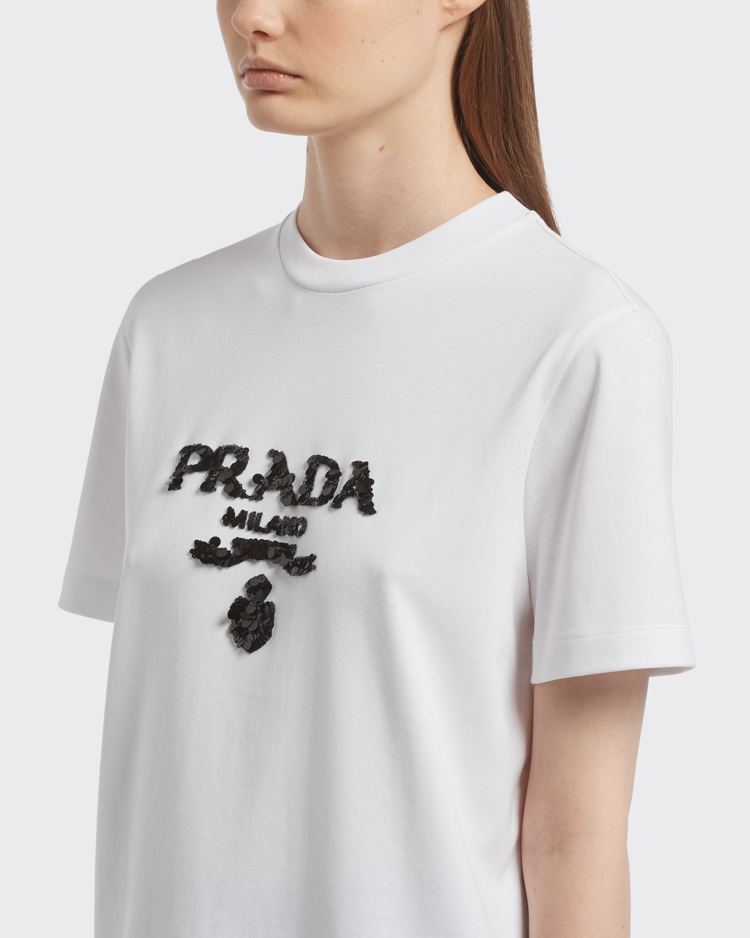 White Embroidered Interlock T-shirt | PRADA