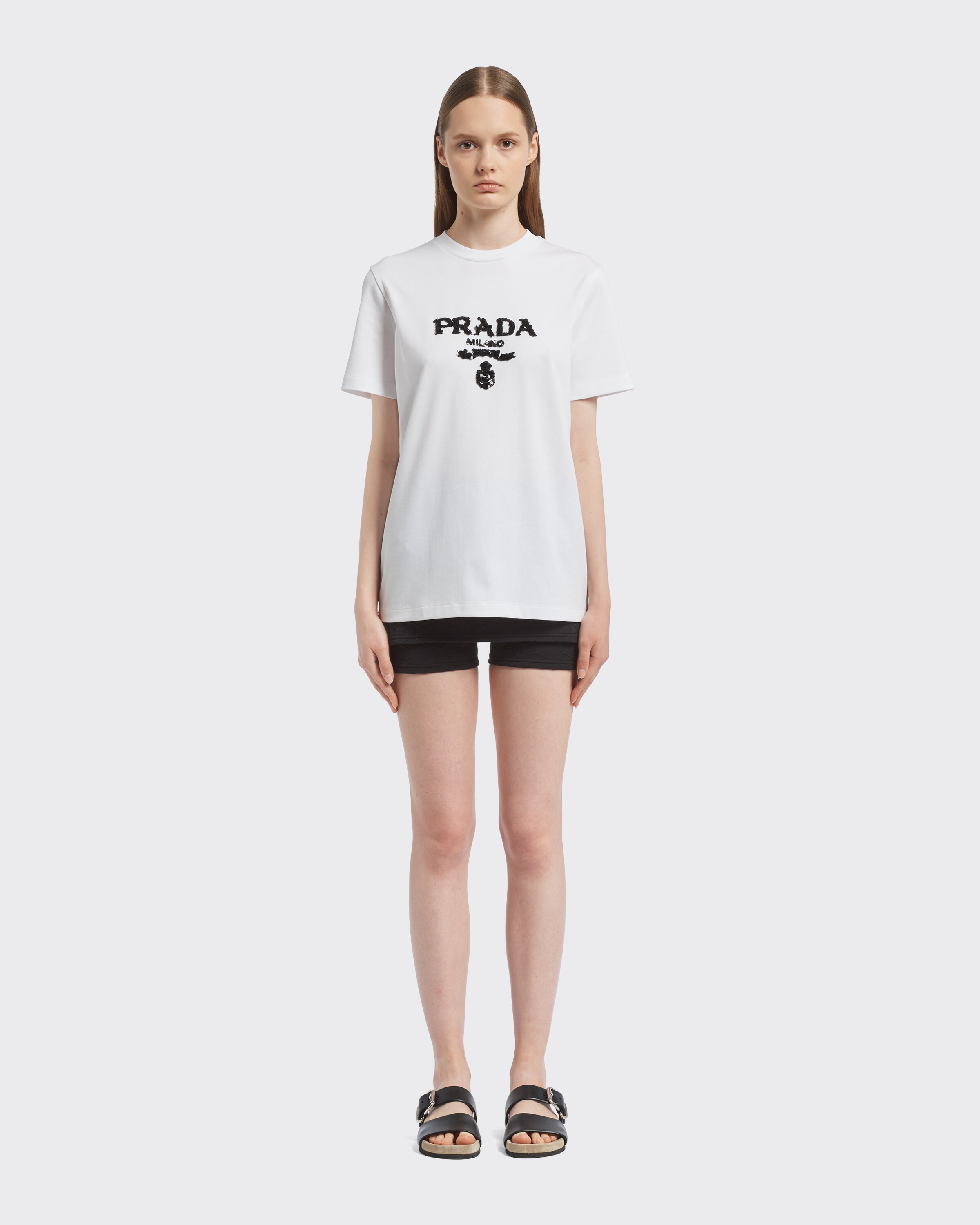 White Embroidered Interlock T-shirt | PRADA