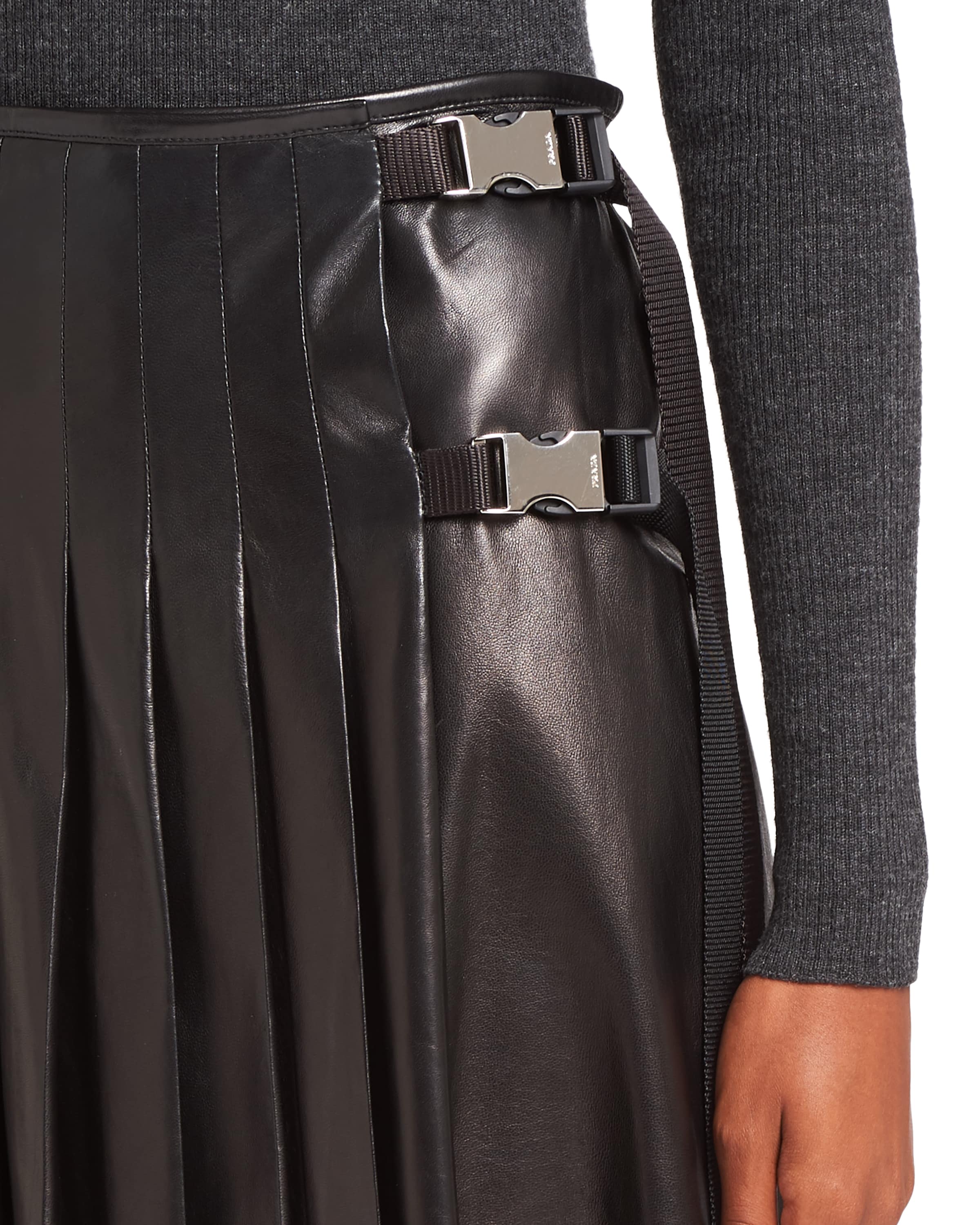 Black Nappa leather pleated midi-skirt | Prada