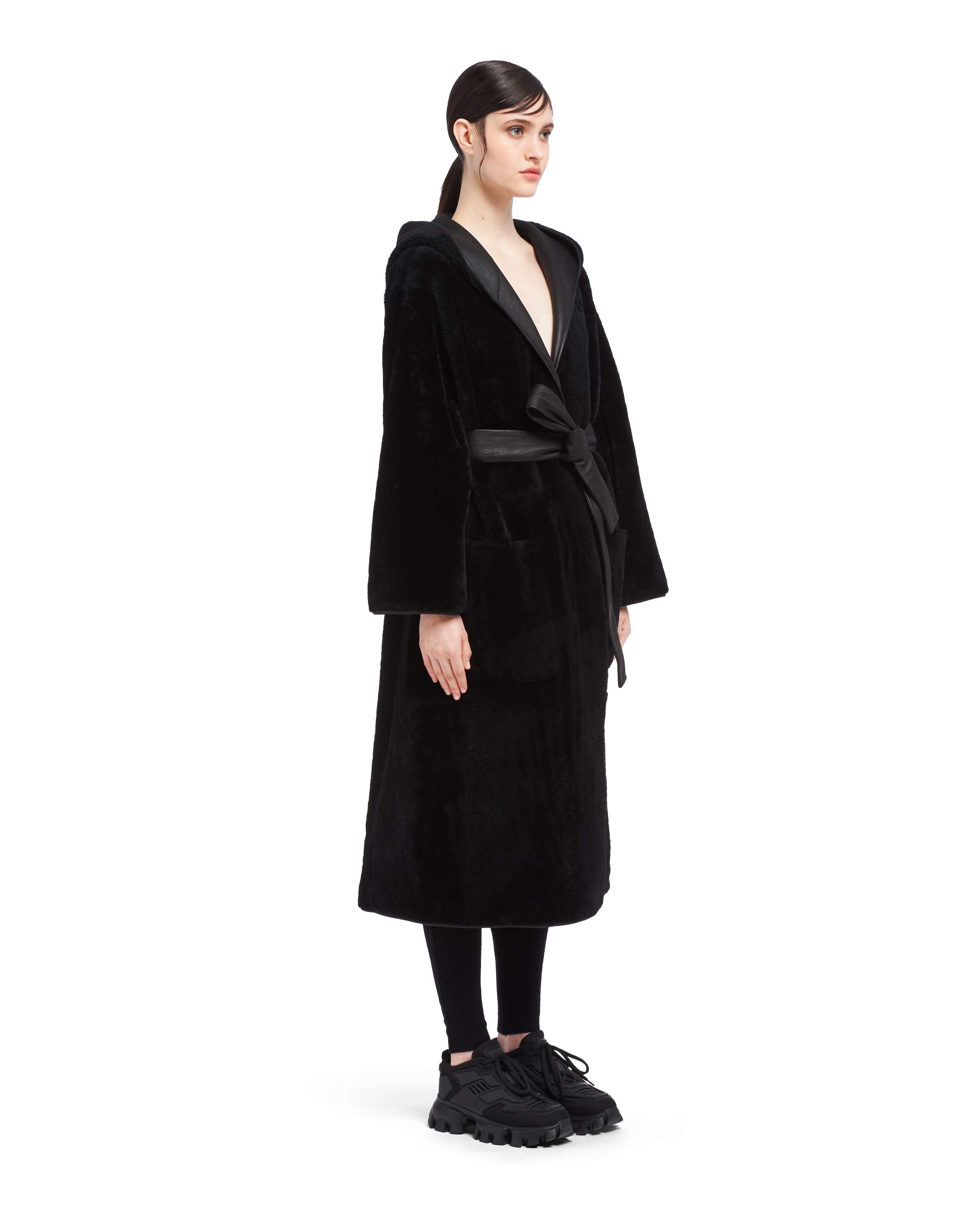 Black Reversible hooded shearling coat | Prada