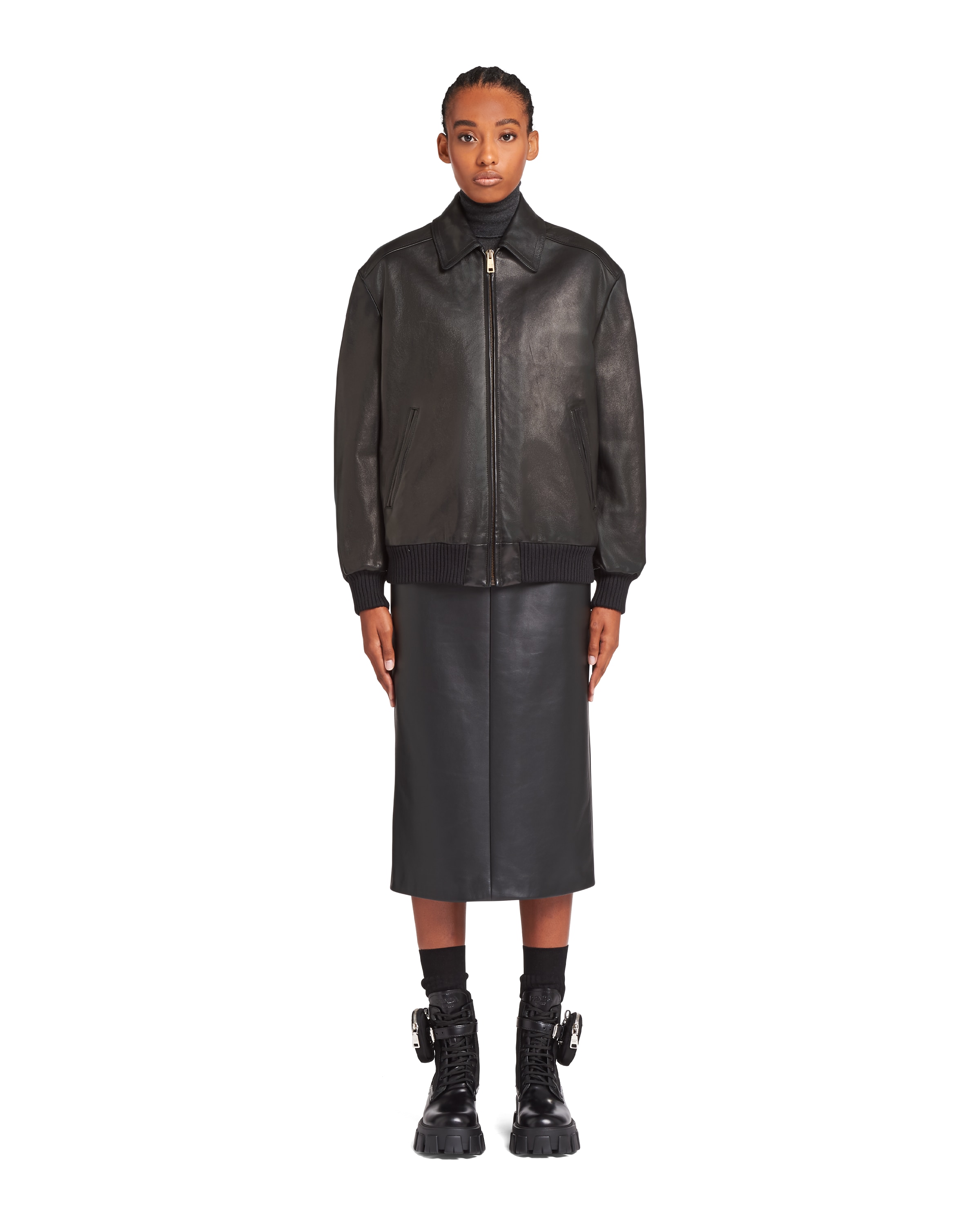 Black Nappa leather and shearling bomber jacket | Prada