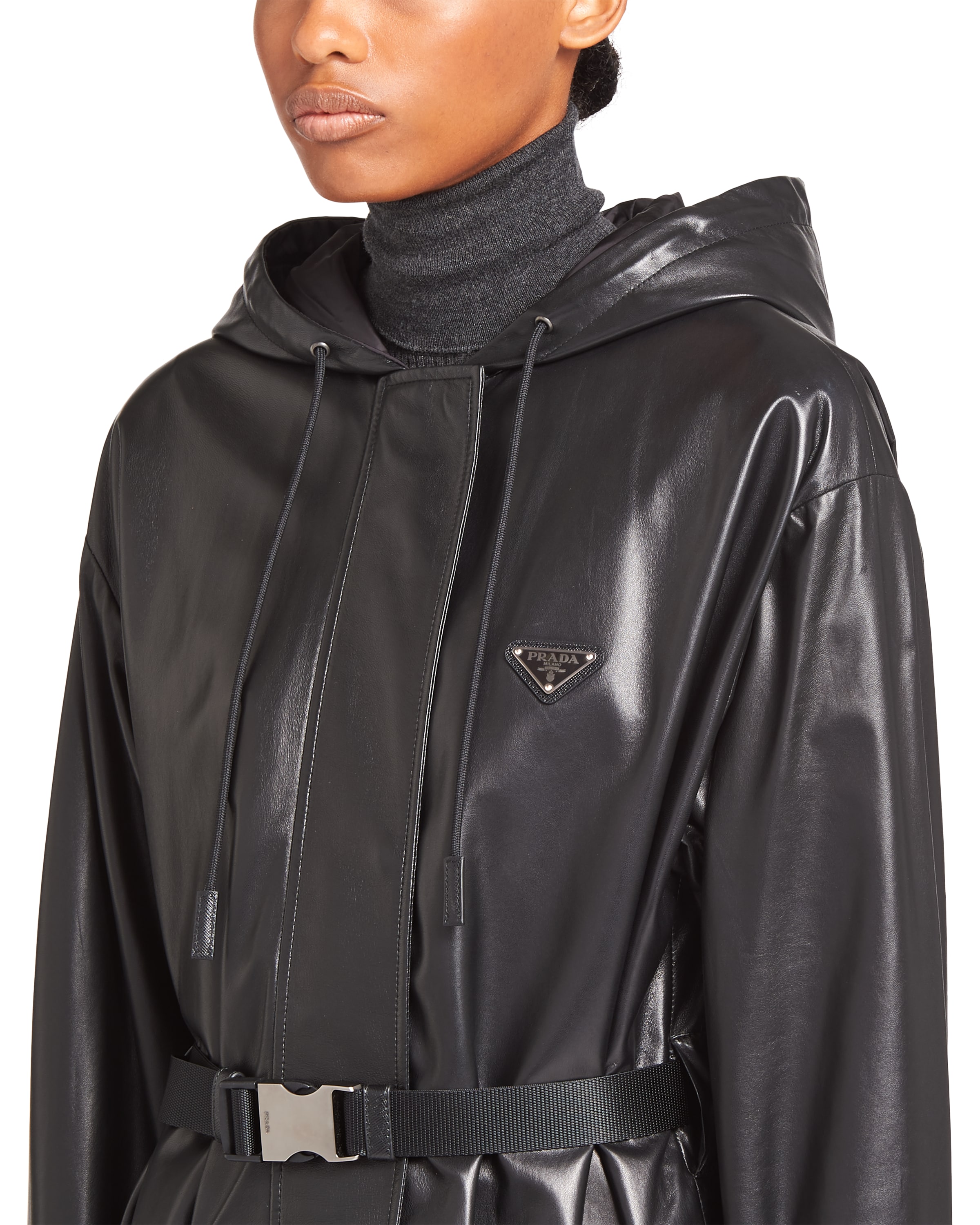 Black Nappa leather belted jacket | Prada
