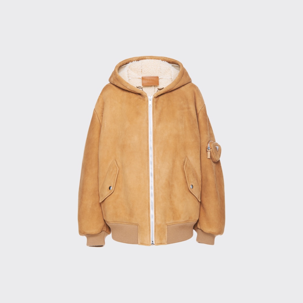 Cognac/natural Suede shearling jacket | Prada
