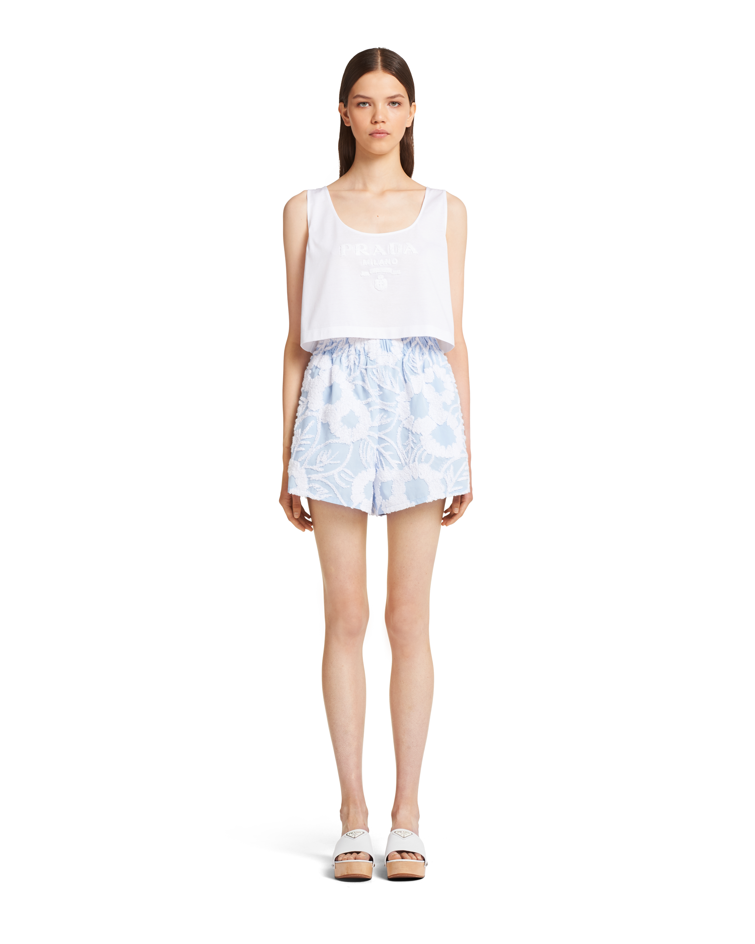 Sky Blue/white Embroidered poplin shorts | Prada