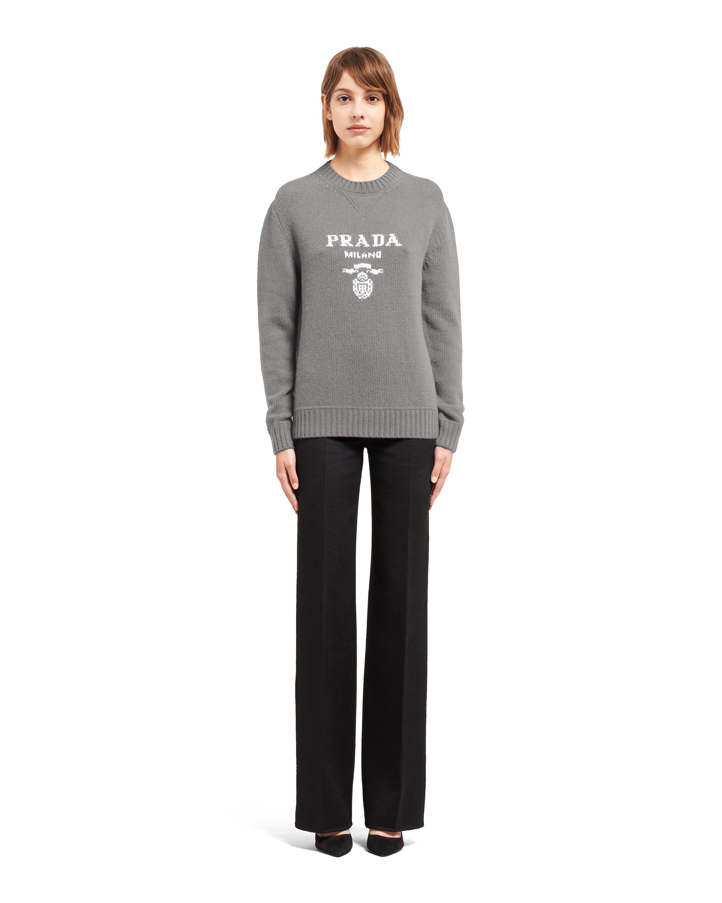 Grey Cashmere and wool Prada logo crew-neck sweater | Prada