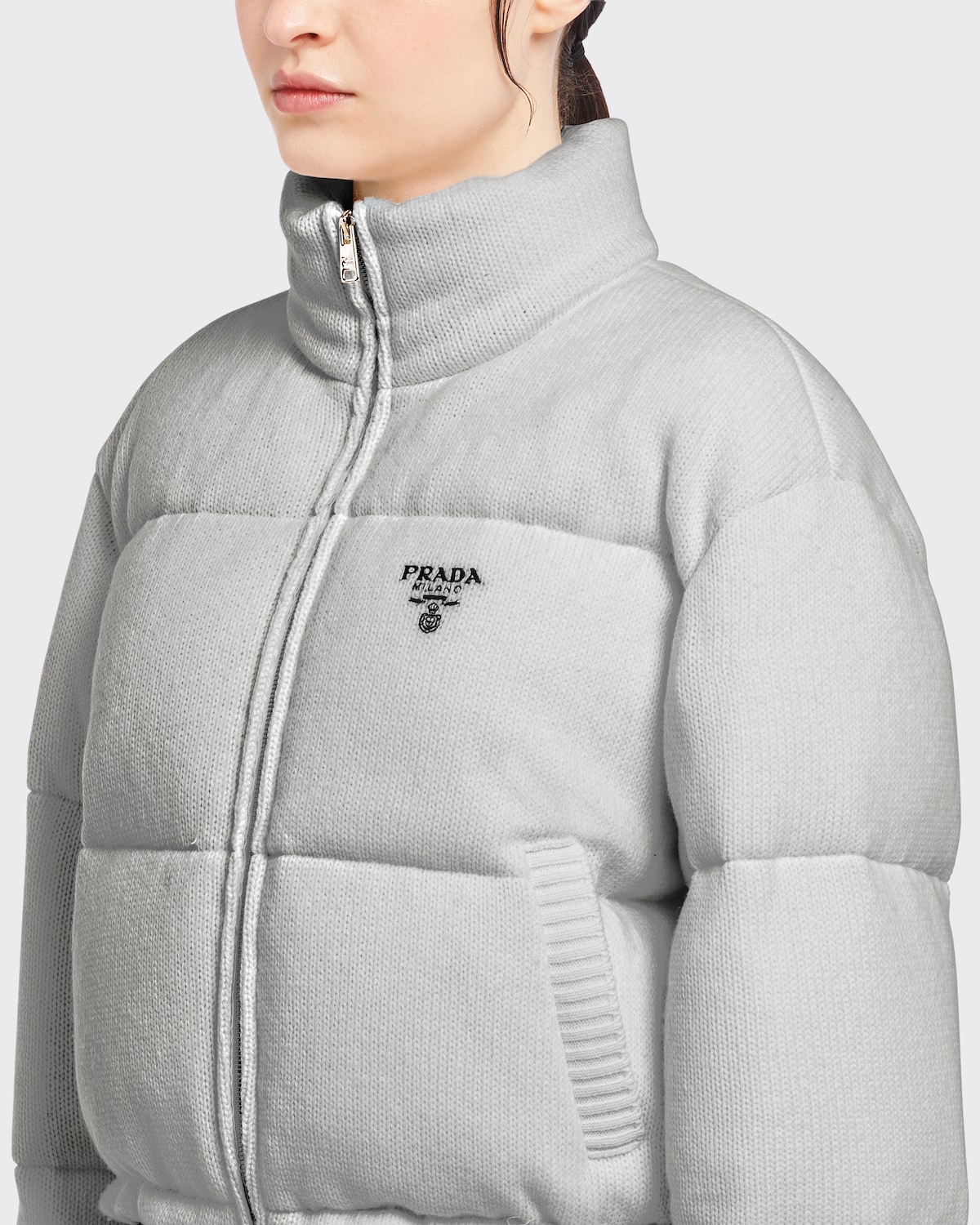 Grey Boxy Wool And Cashmere Knit Puffer Jacket | PRADA