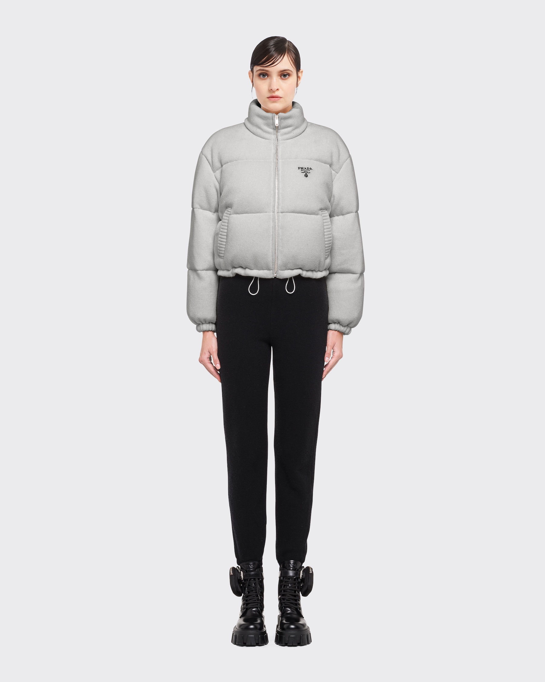 Grey Boxy Wool And Cashmere Knit Puffer Jacket | PRADA