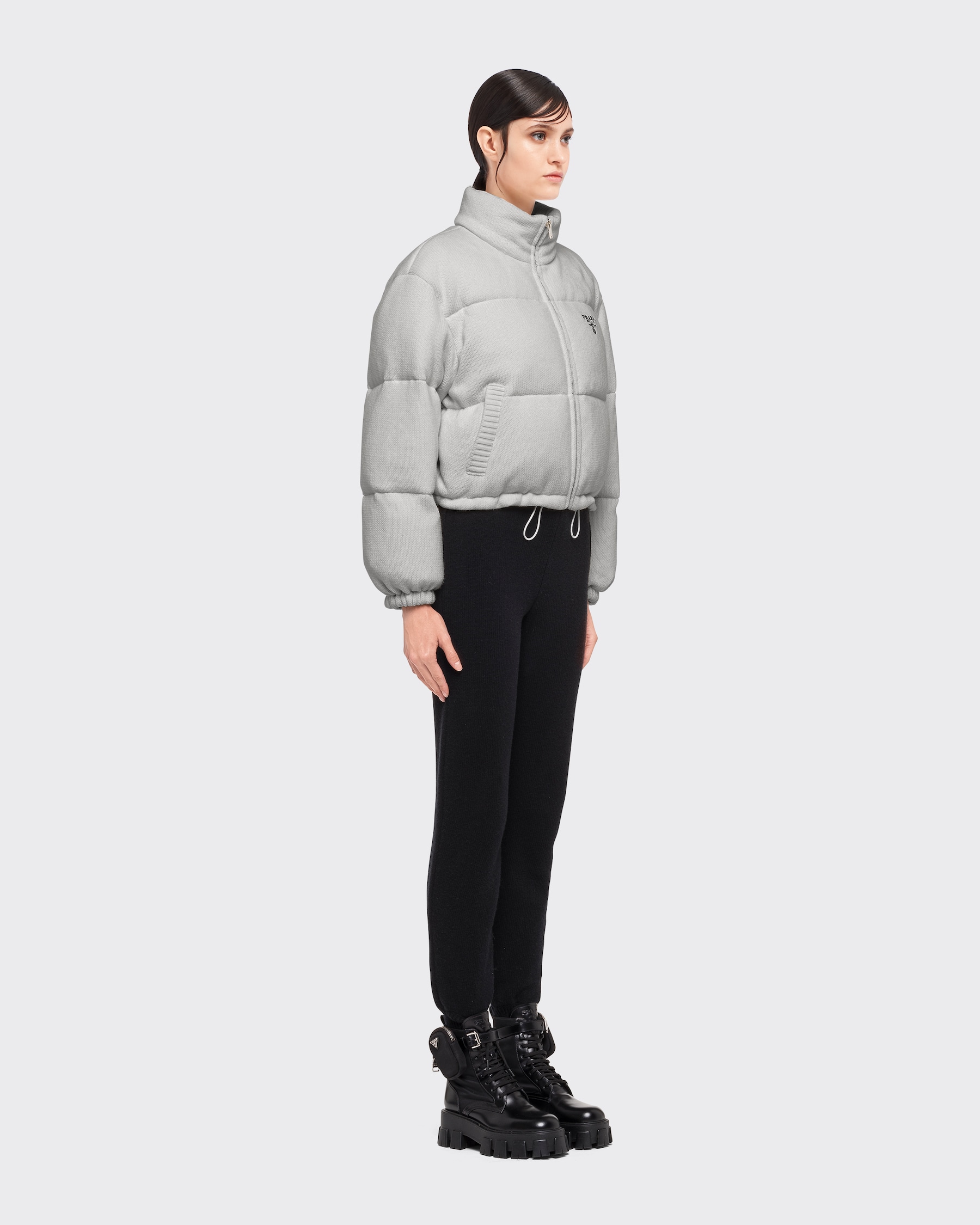 Grey Boxy Wool And Cashmere Knit Puffer Jacket | PRADA