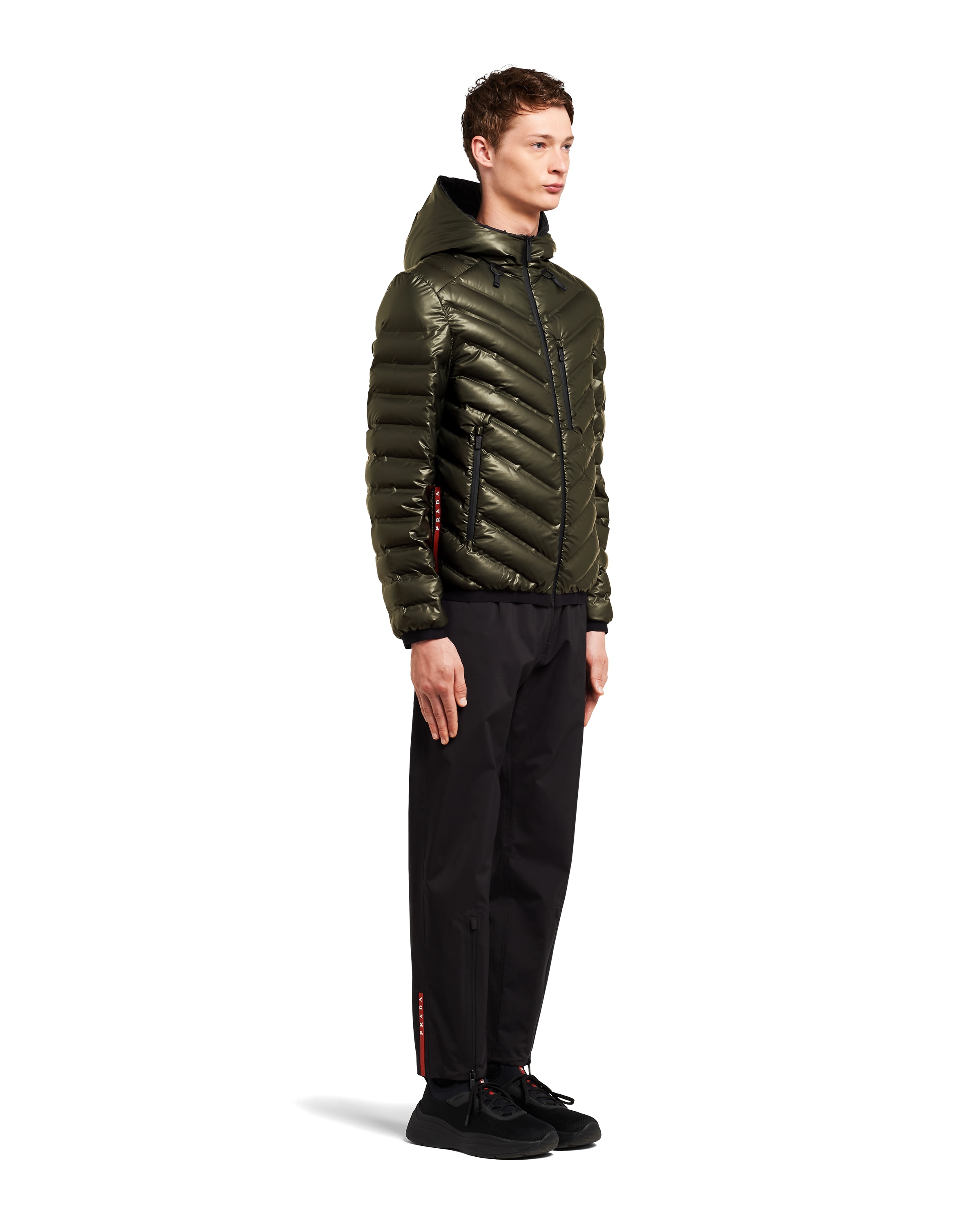 Military Green Light Nylon hooded puffer jacket | Prada