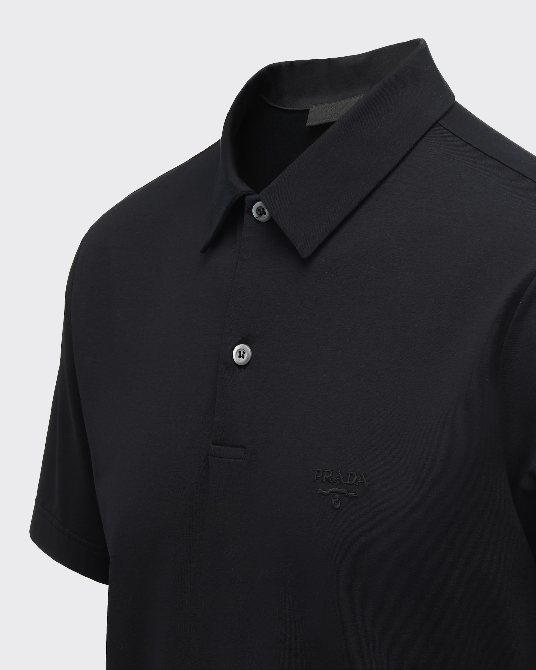 Black Stretch Cotton Polo Shirt With Embroidered Logo | PRADA