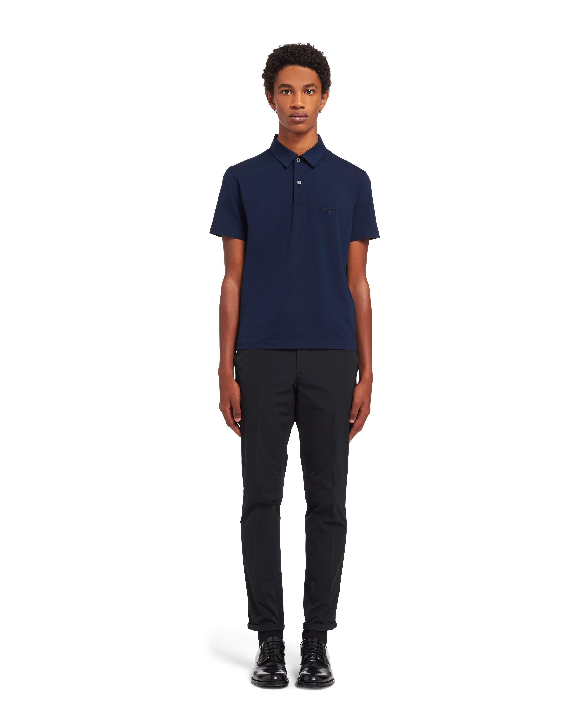 Navy Stretch cotton polo shirt with embroidered logo | Prada