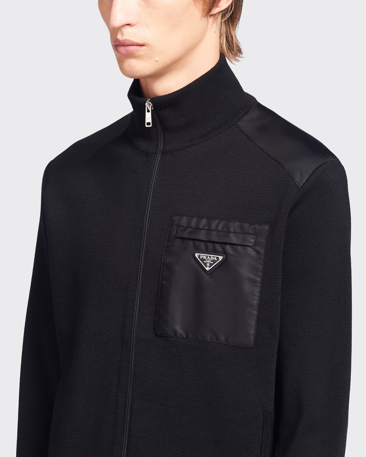 Black Re-nylon Gabardine And Wool Knit Cardigan | PRADA