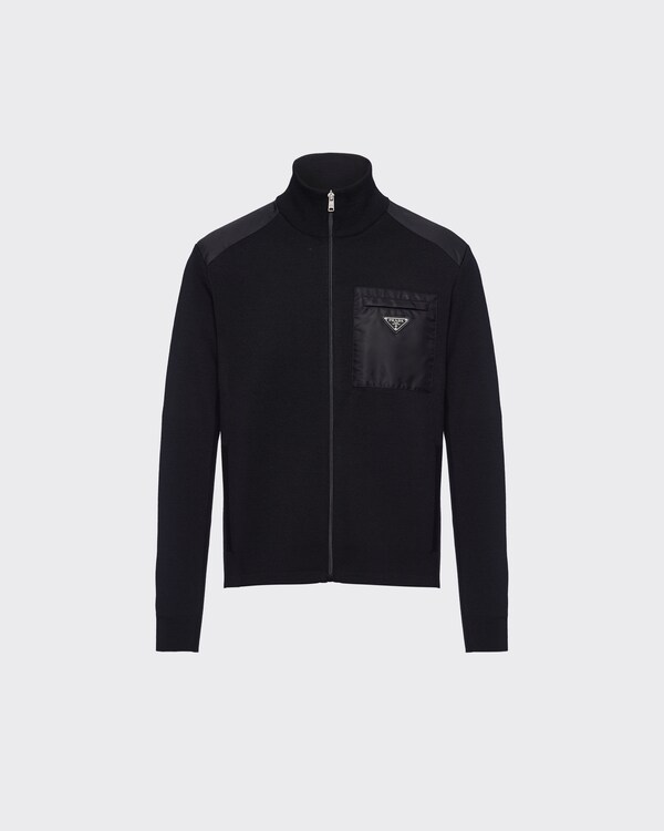 Black Re-nylon Gabardine And Wool Knit Cardigan | PRADA
