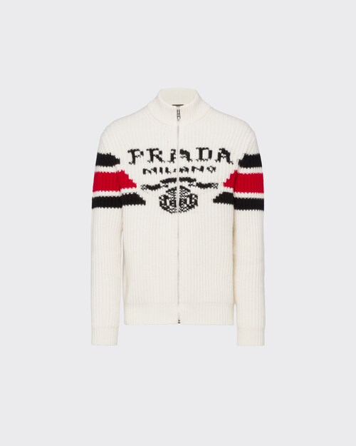 White Jacquard cashmere cardigan | Prada